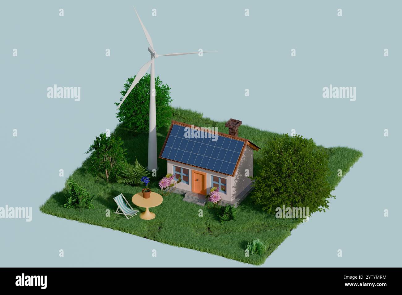 A charming ecofriendly house with solar panels and a wind turbine ...