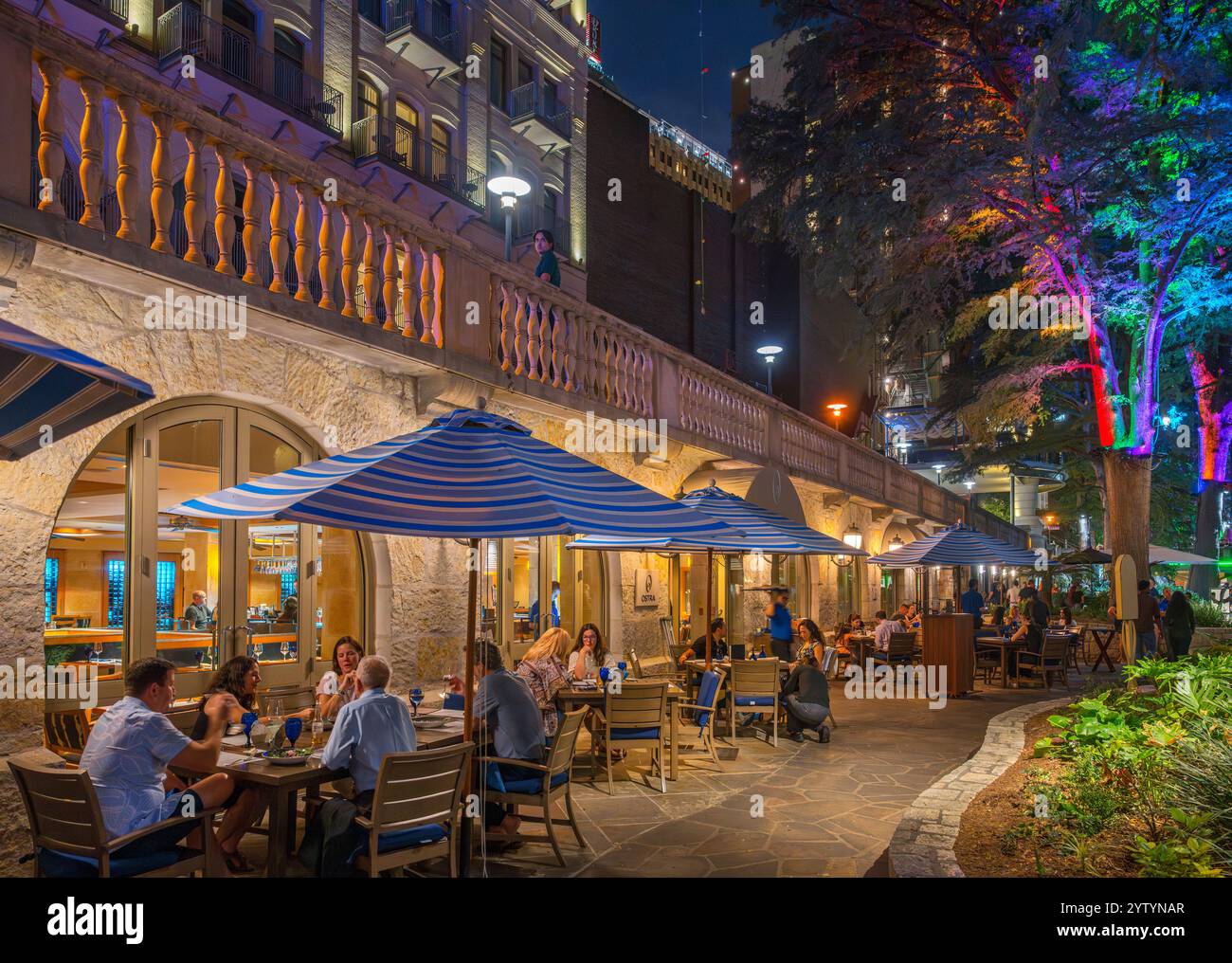 Ostra Restaurant at night on the River Walk, San Antonio, Texas, USA ...