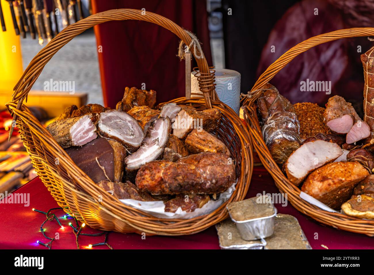 Traditional meat, cold cuts, fish products, smokehouse, sooty with ...