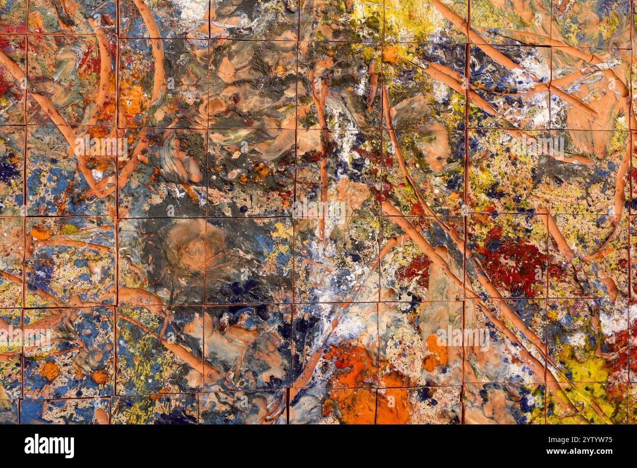 A vibrant abstract expressionist painting featuring a dynamic mix of ...