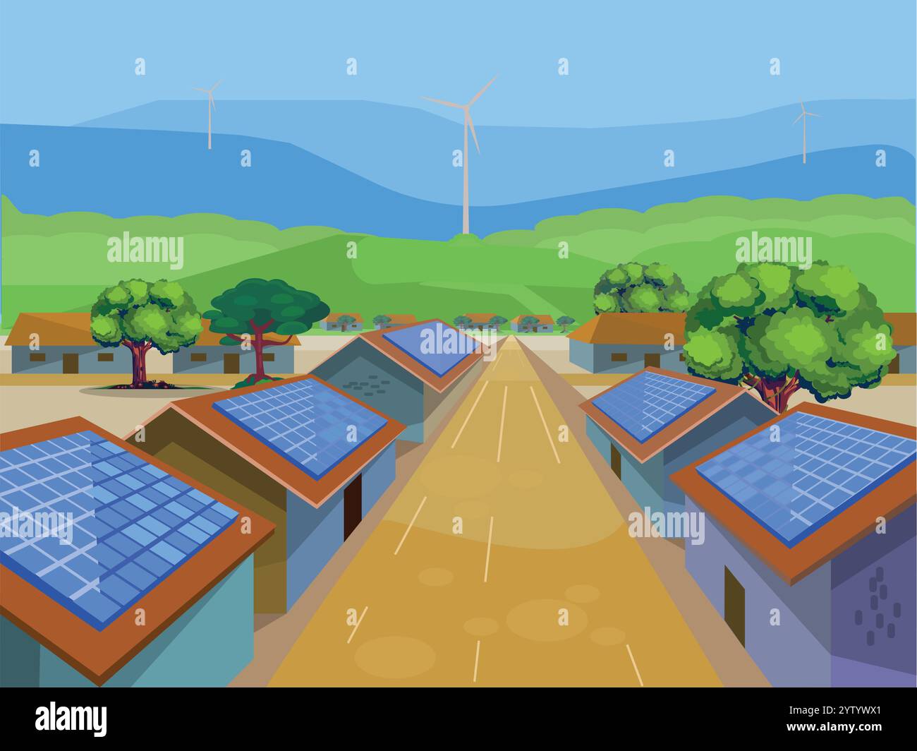 Village House, Home Solar Rooftop System windmills and houses with ...