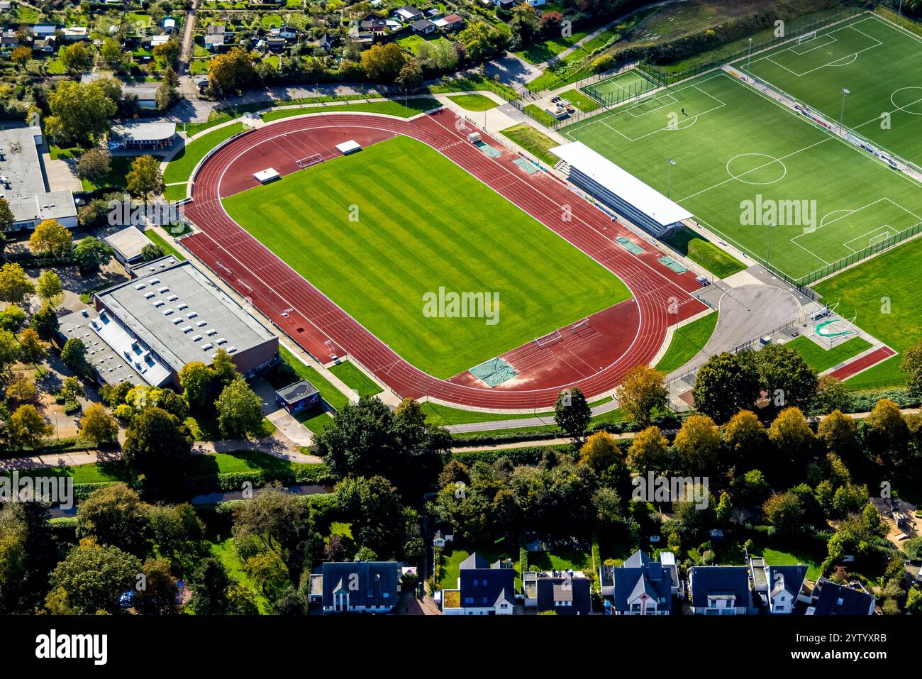 Aerial view, district sports facility with soccer stadium of the Spiel ...