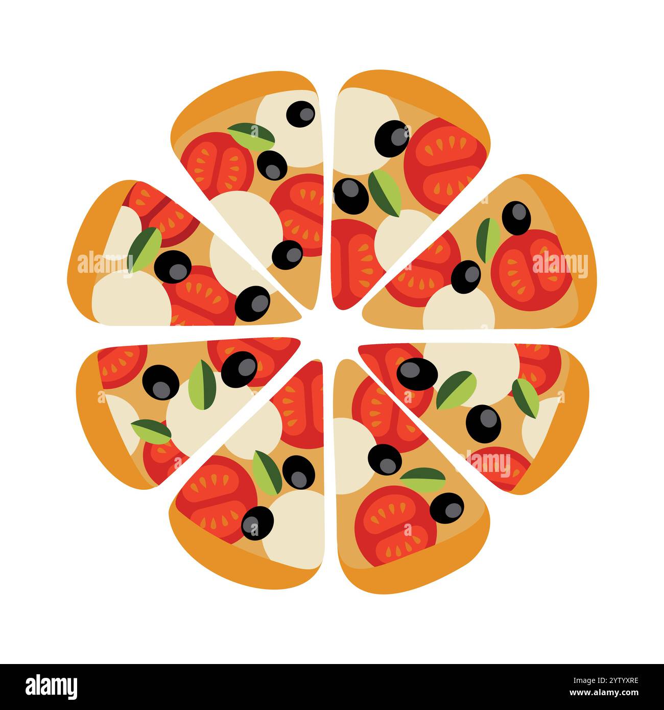 Eight slices of pizza icon. Italian fast food flat vector illustration. Pizza with mozzarella ...