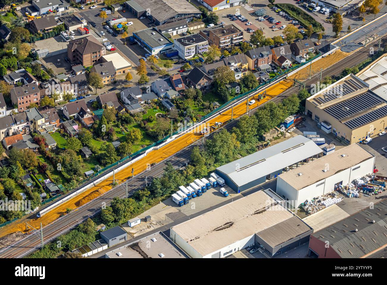 Aerial view, construction site at the railroad tracks Am Alten Drahtwerk, railroad embankment ...