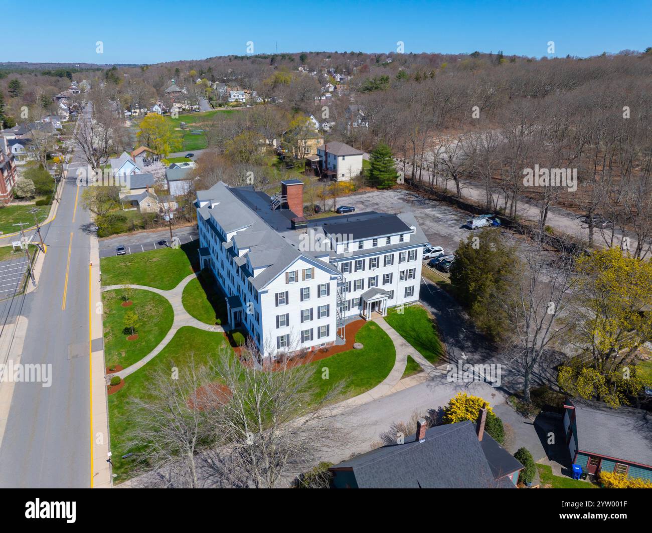 Hopedale Manor aerial view at 39 Dutcher Street in spring in historic ...