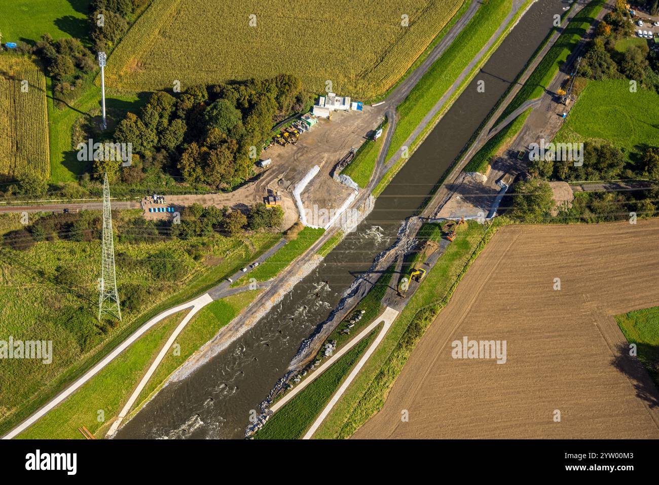 Aerial view, river Emscher, new Emscher estuary and construction site ...