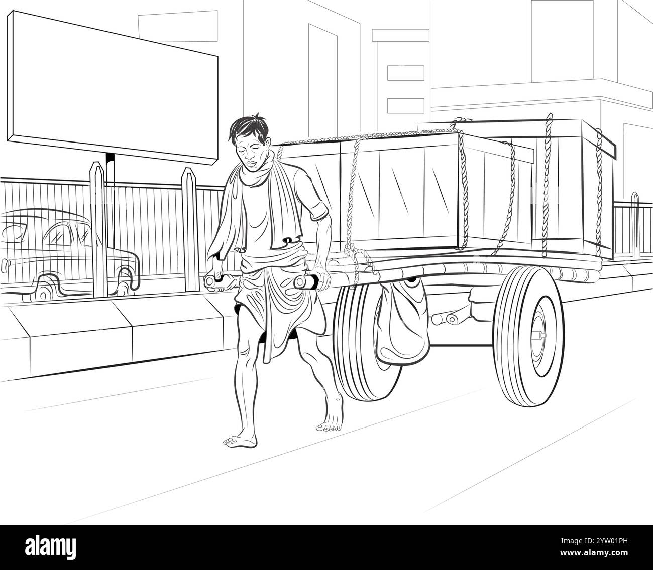 Indian Man Pulling Cart in line Illustration Stock Vector Image & Art ...