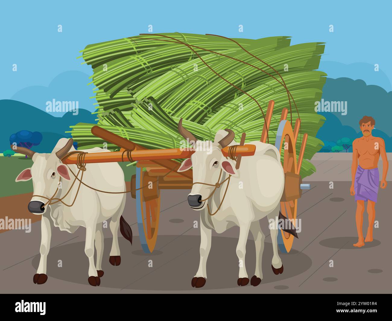 Oxen Pulling a Huge Load On a Cart, farmer riding a bullock cart Indian ...