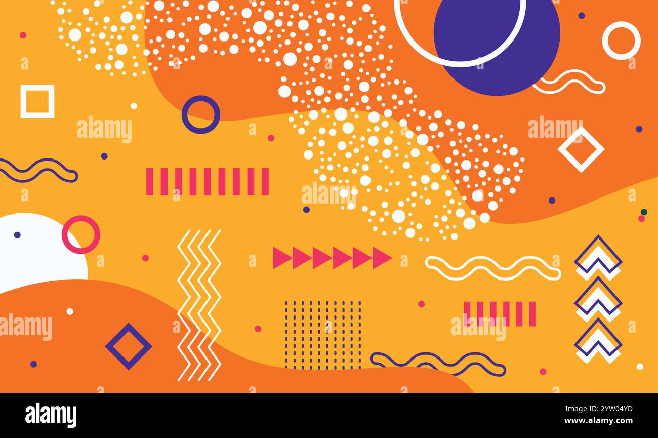 Vibrant orange and purple geometric abstract background showcasing a variety of shapes, lines ...