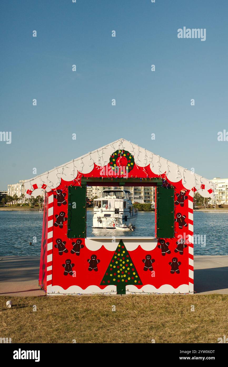 Vertical Framed view through a red, white and green Christmas photo ...