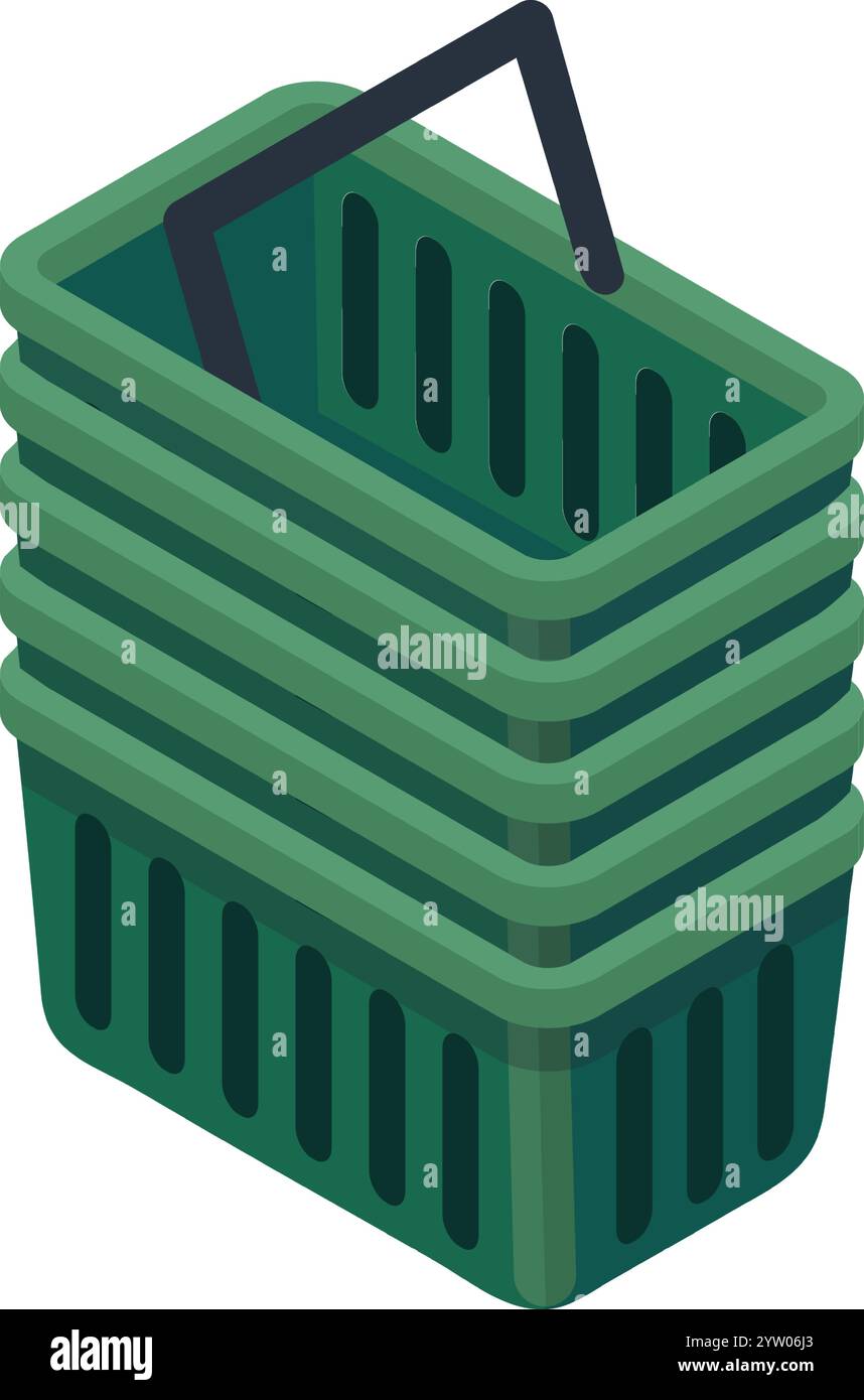 Five empty green shopping baskets stacked together, ready for eager ...
