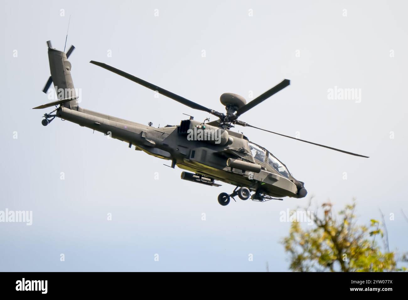 close-up of a British army Boeing Apache Attack helicopter gunship AH2 AH-64E AH64 Army Air Corp ...