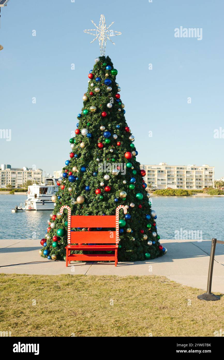 Vertical view to a decorated balls red, white and green Christmas tree ...