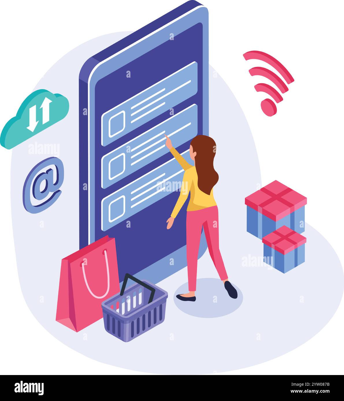Online shopping concept showing a woman selecting items on a checklist ...