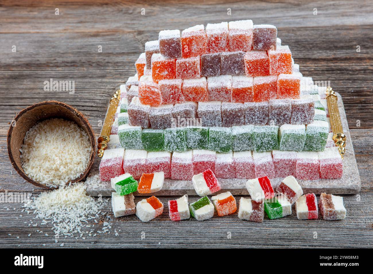 Top down view of various Turkish delight candies in different colors ...
