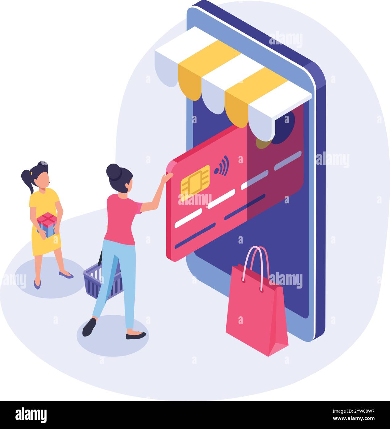 Woman paying with credit card on giant smartphone with shopping bags ...