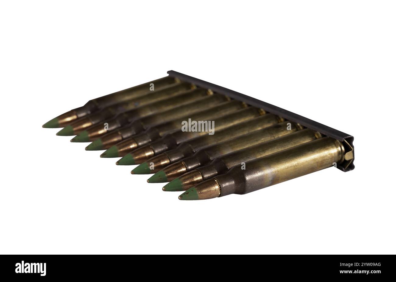 Assault rifle cartridges caliber 5.56 in a clip on a transparent ...