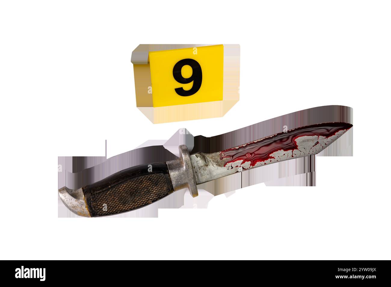 A combat knife covered in blood at a crime scene with a marker number 9 ...