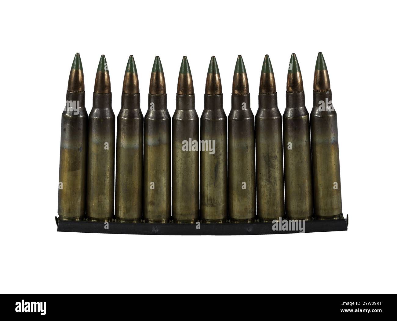 Assault rifle cartridges caliber 5.56 in a clip on a transparent ...