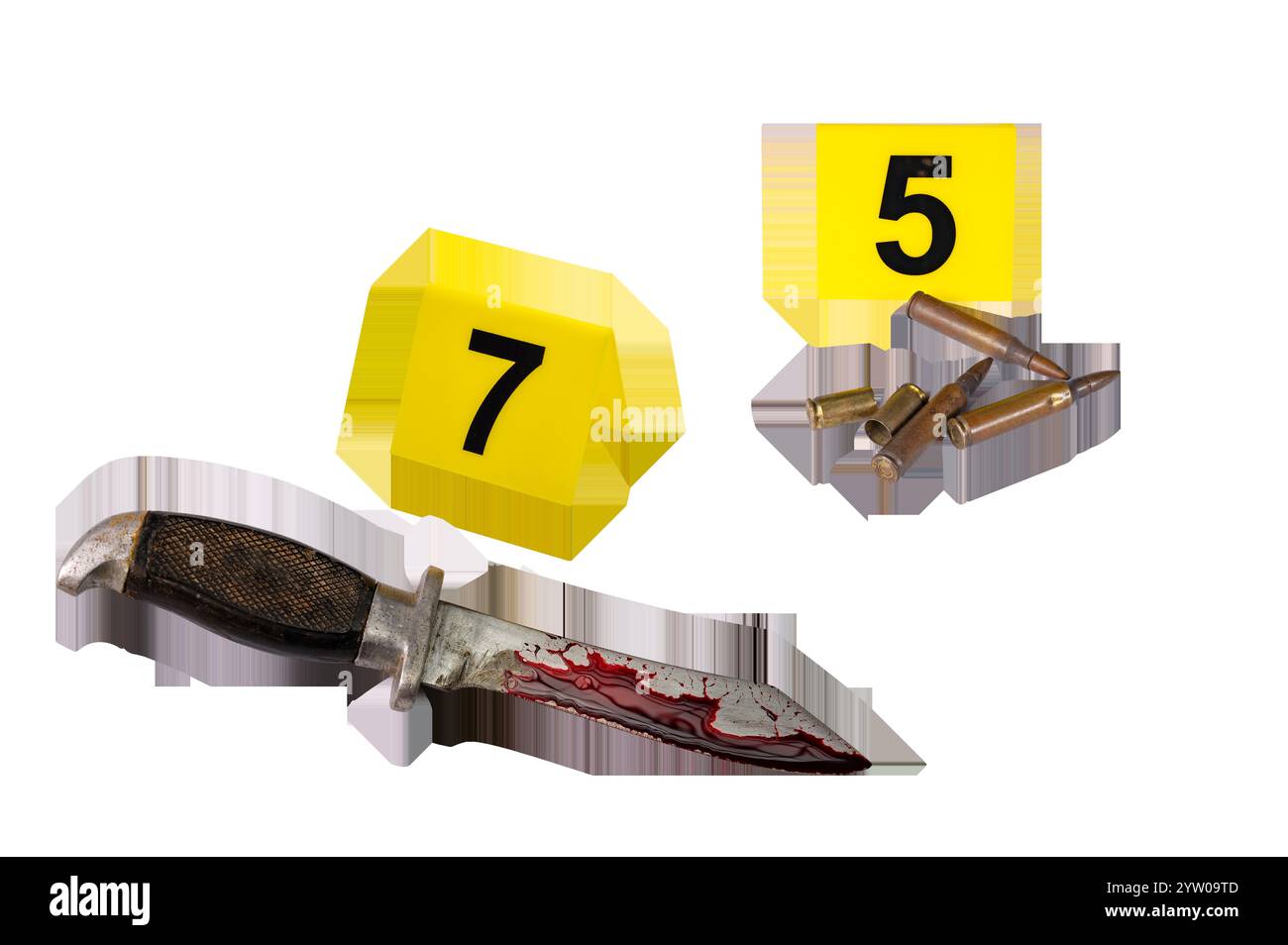 A combat knife covered in blood and cartridges with shell casings at ...