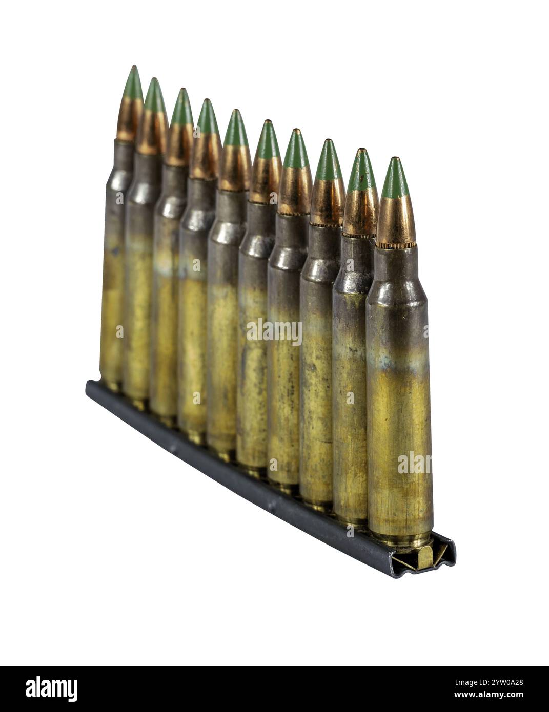Assault rifle cartridges caliber 5.56 in a clip on a transparent ...