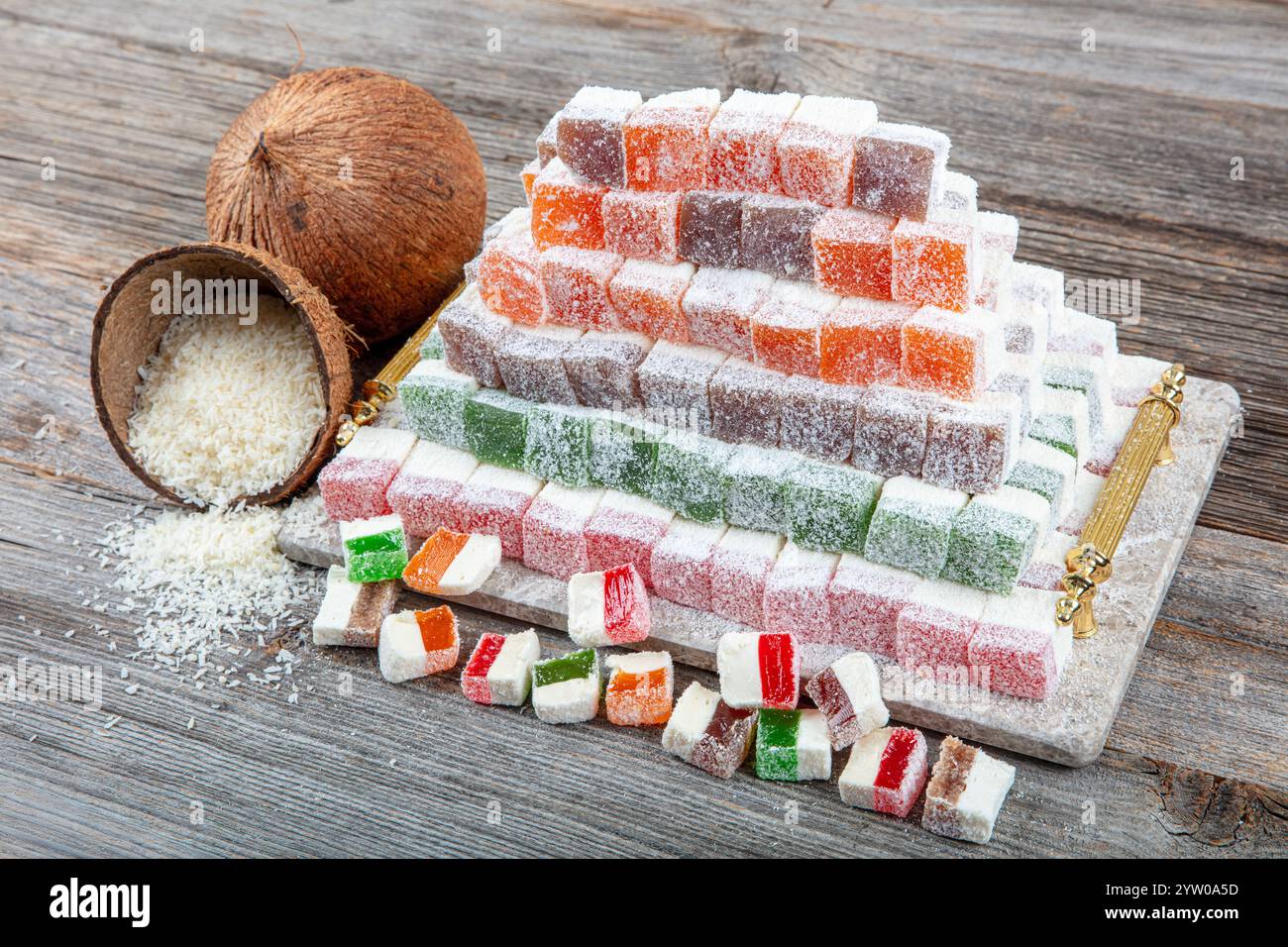 Top down view of various Turkish delight candies in different colors ...