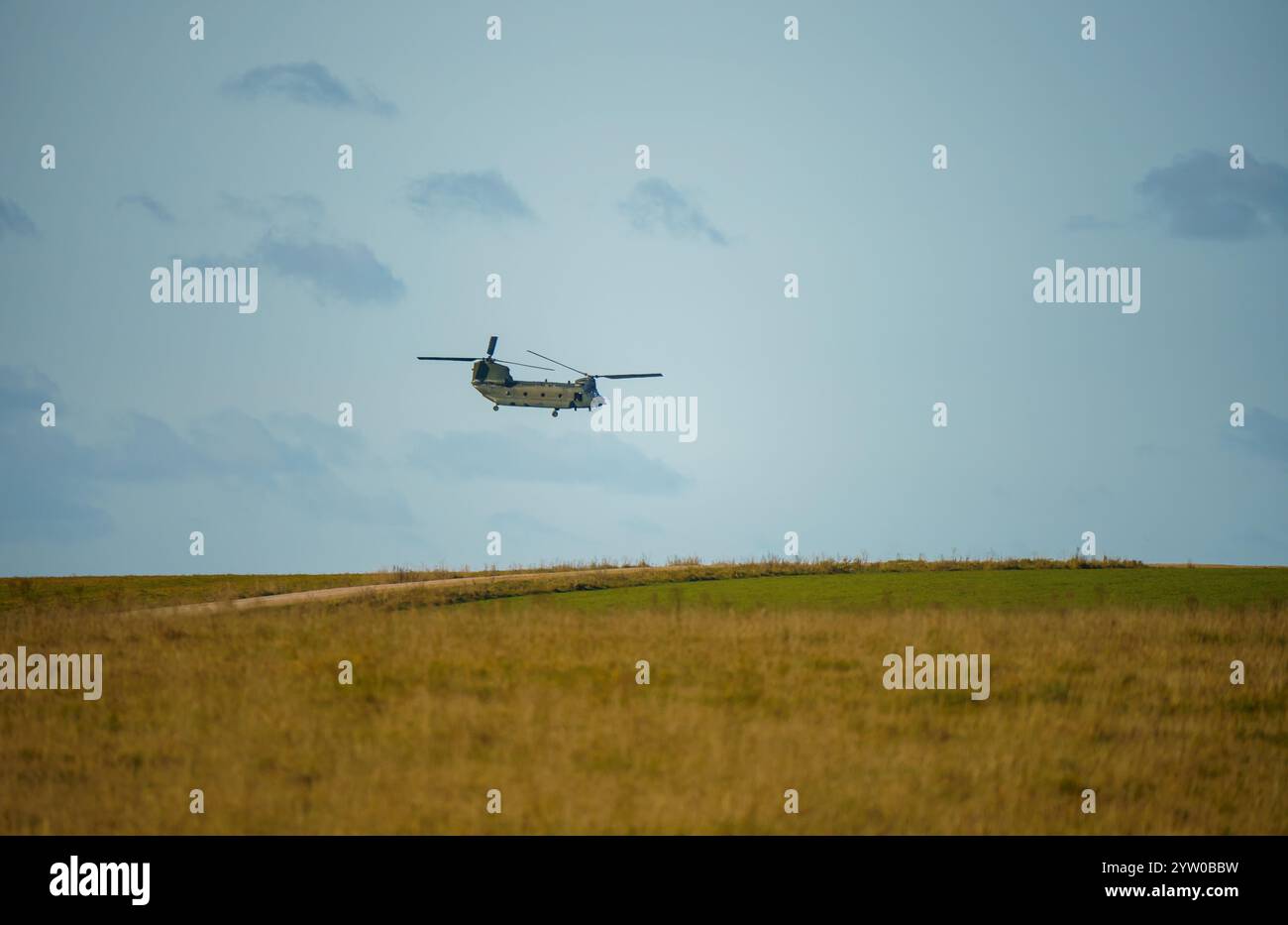 RAF Chinook tandem-rotor helicopter flying fast and low on a military ...
