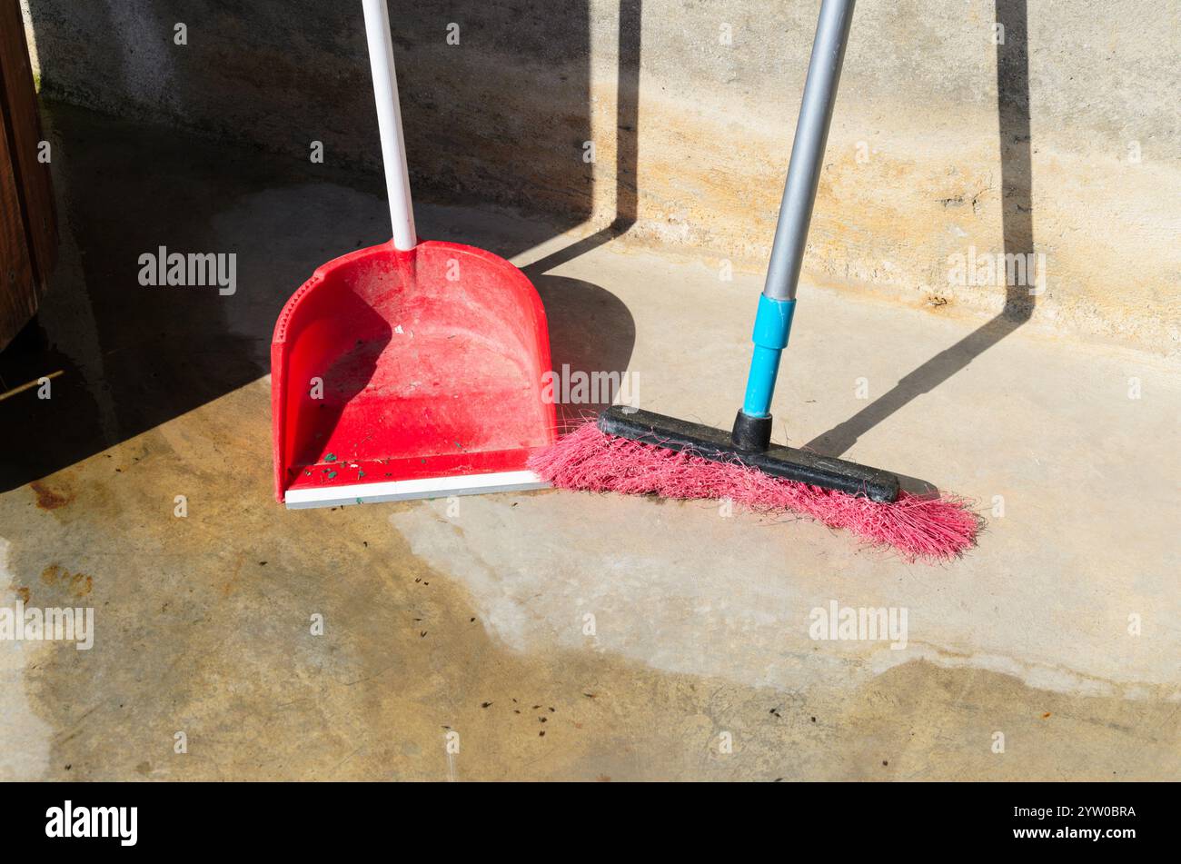 Scoop and brush to clean up debris on a wet concrete floor outdoors ...