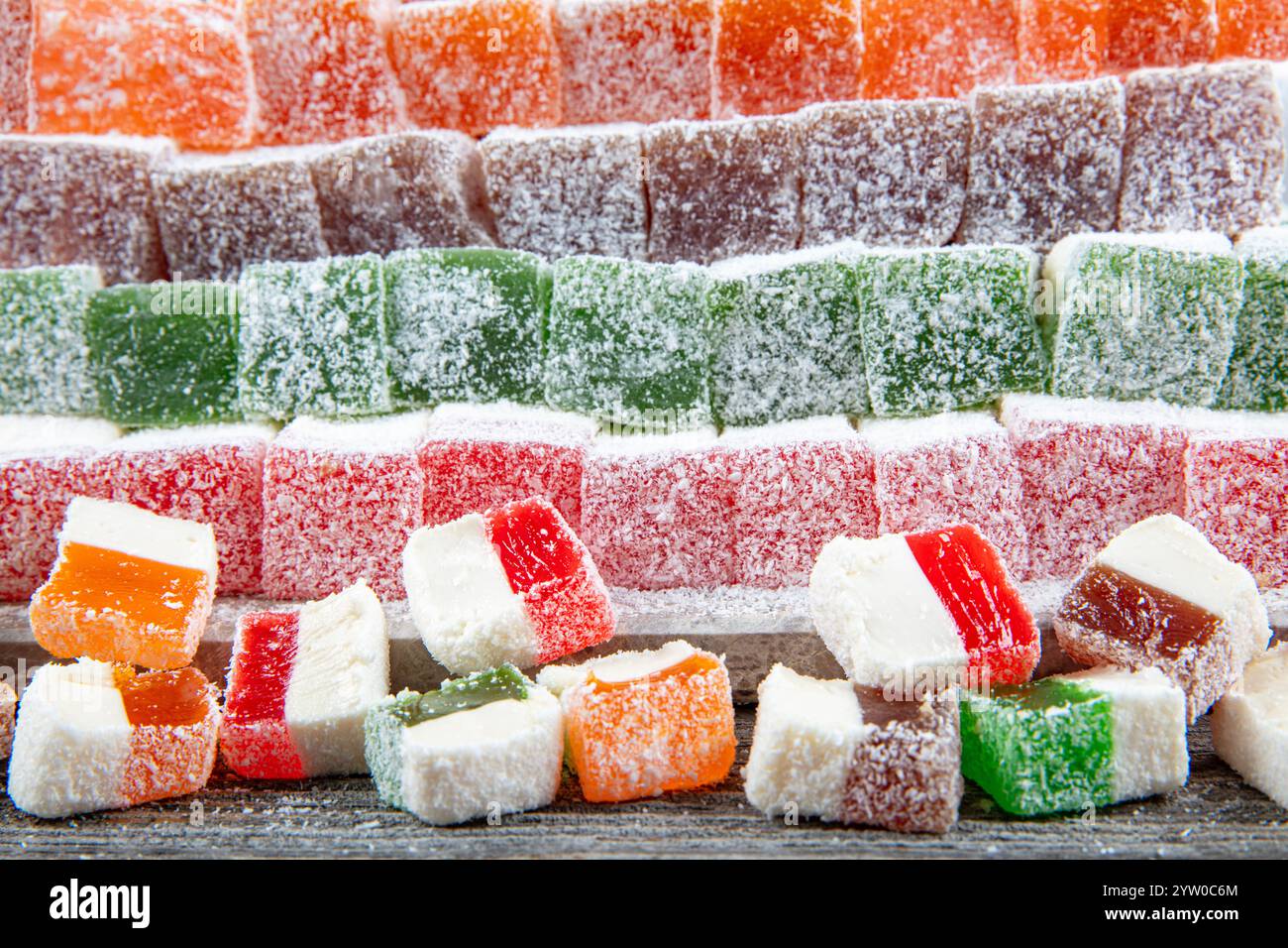Top down view of various Turkish delight candies in different colors ...
