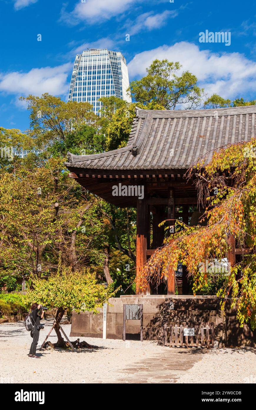 Japan between tradition and modernity. Ancient pavilion in Zojo Temple with modern building ...