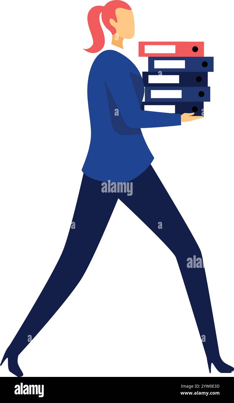 Businesswoman with red hair and blue suit walking and carrying a stack ...