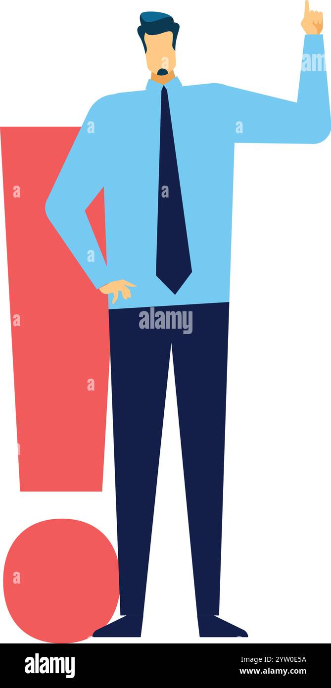 Businessman standing beside a large exclamation mark, pointing upward ...