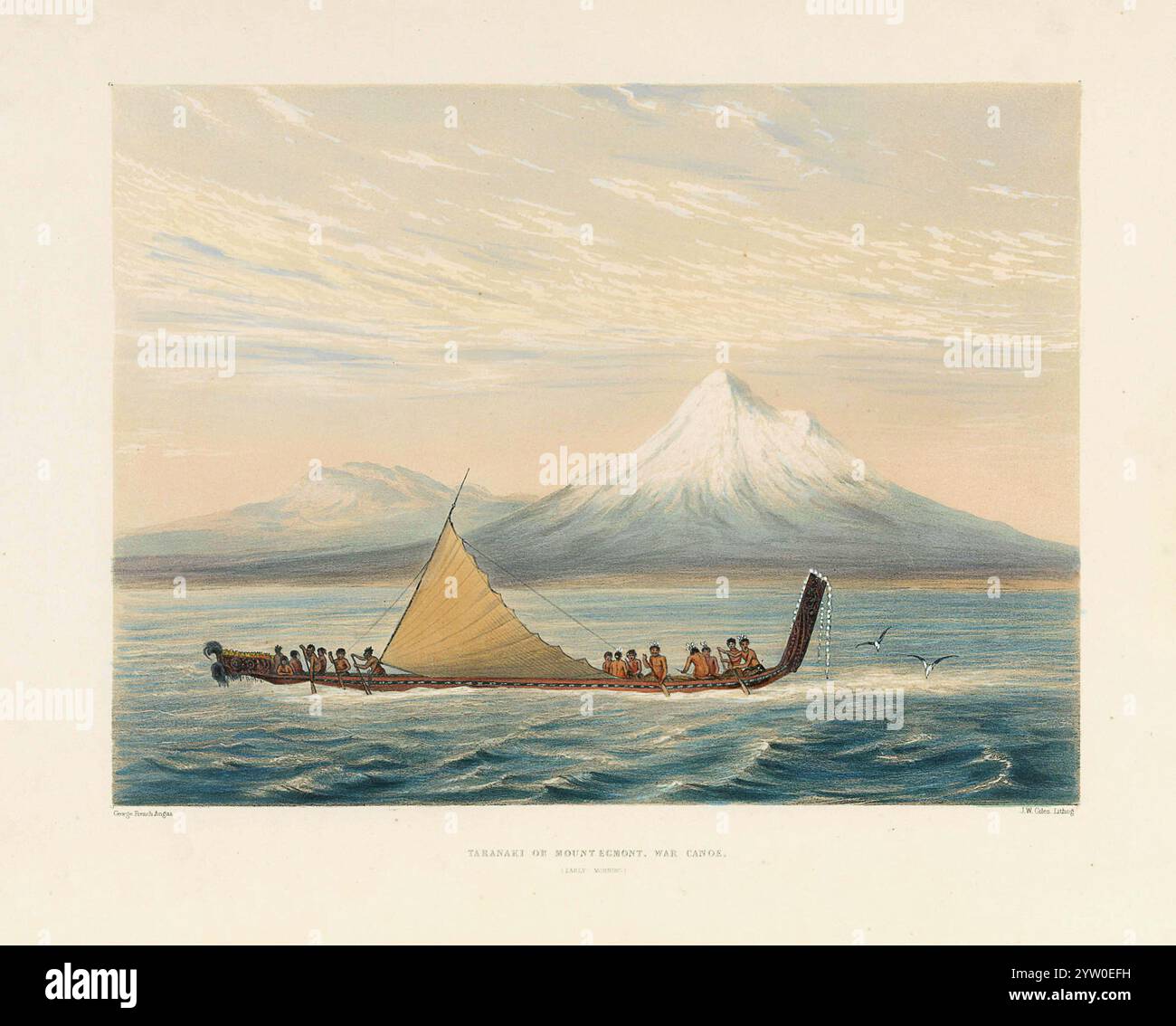 Mount Taranaki with a Maori War Canoe sailing by. Vintage Illustration ...