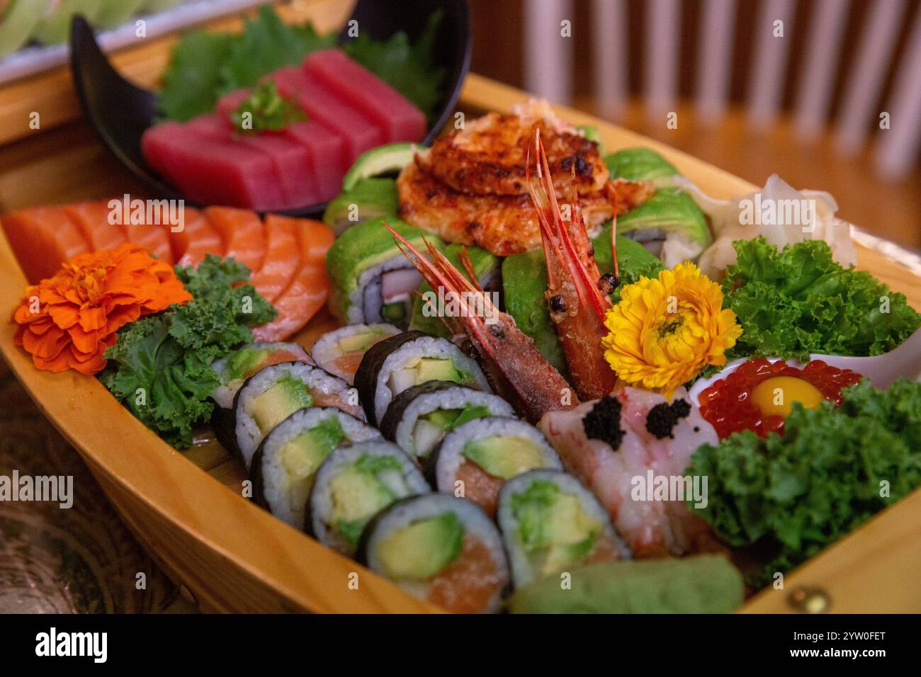 Japanese Sushi Boat will with a variety of sush Stock Photo - Alamy