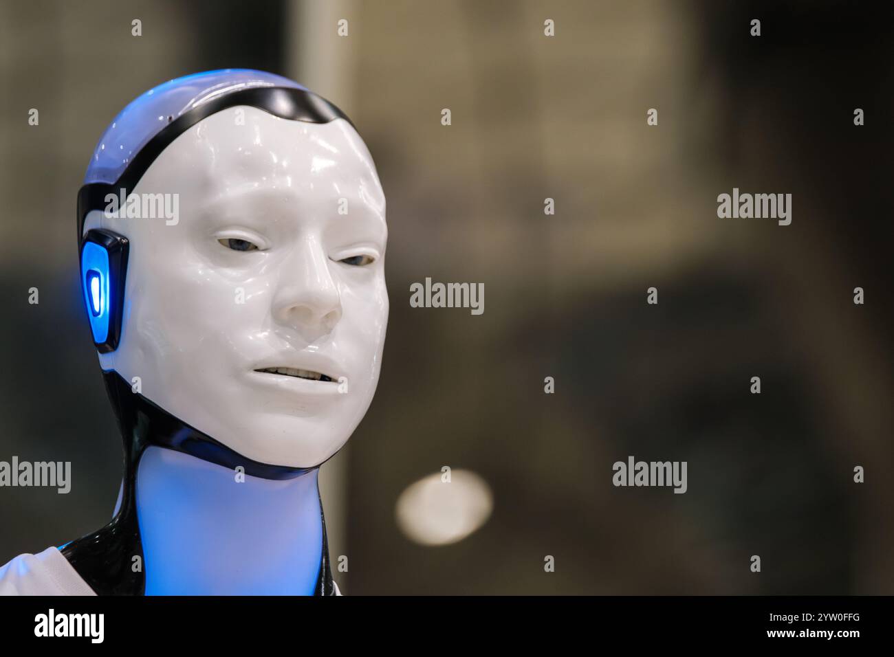 Close-up of a futuristic humanoid robot showcasing advanced robotics technology and cybernetic ...