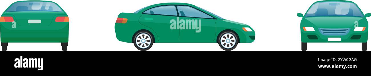 Green four door sedan car presenting front, side and rear view ...