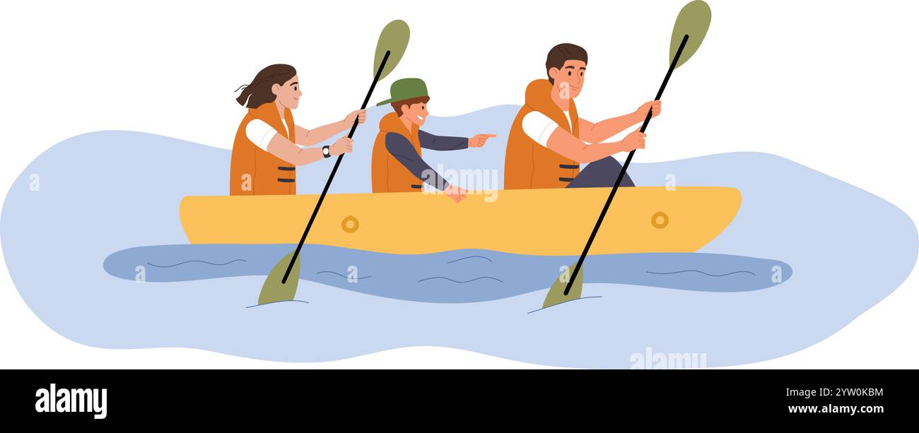 Happy family wearing life jackets are paddling a canoe on a lake ...