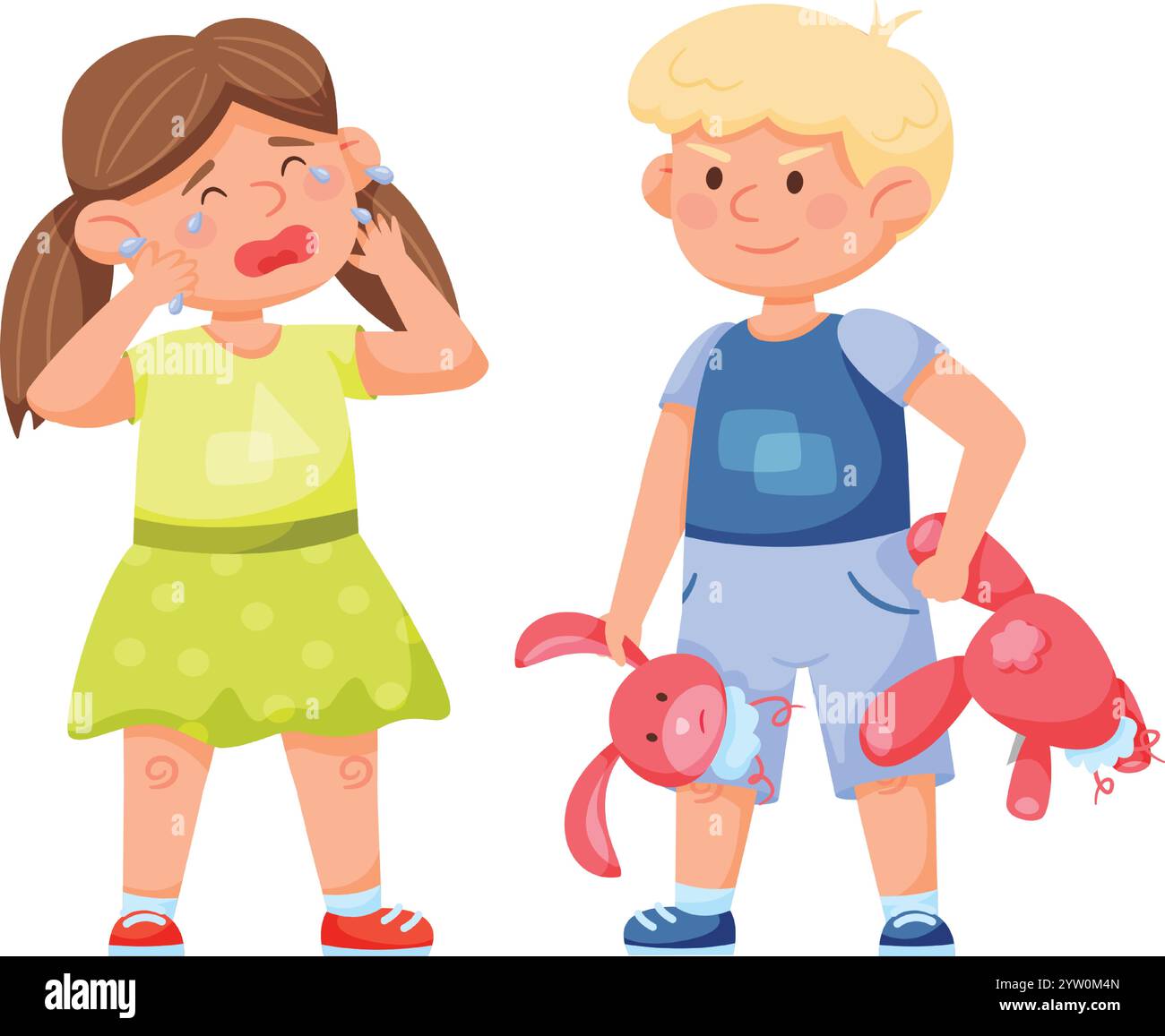 Little girl is crying and wiping tears, while boy is holding two halves ...
