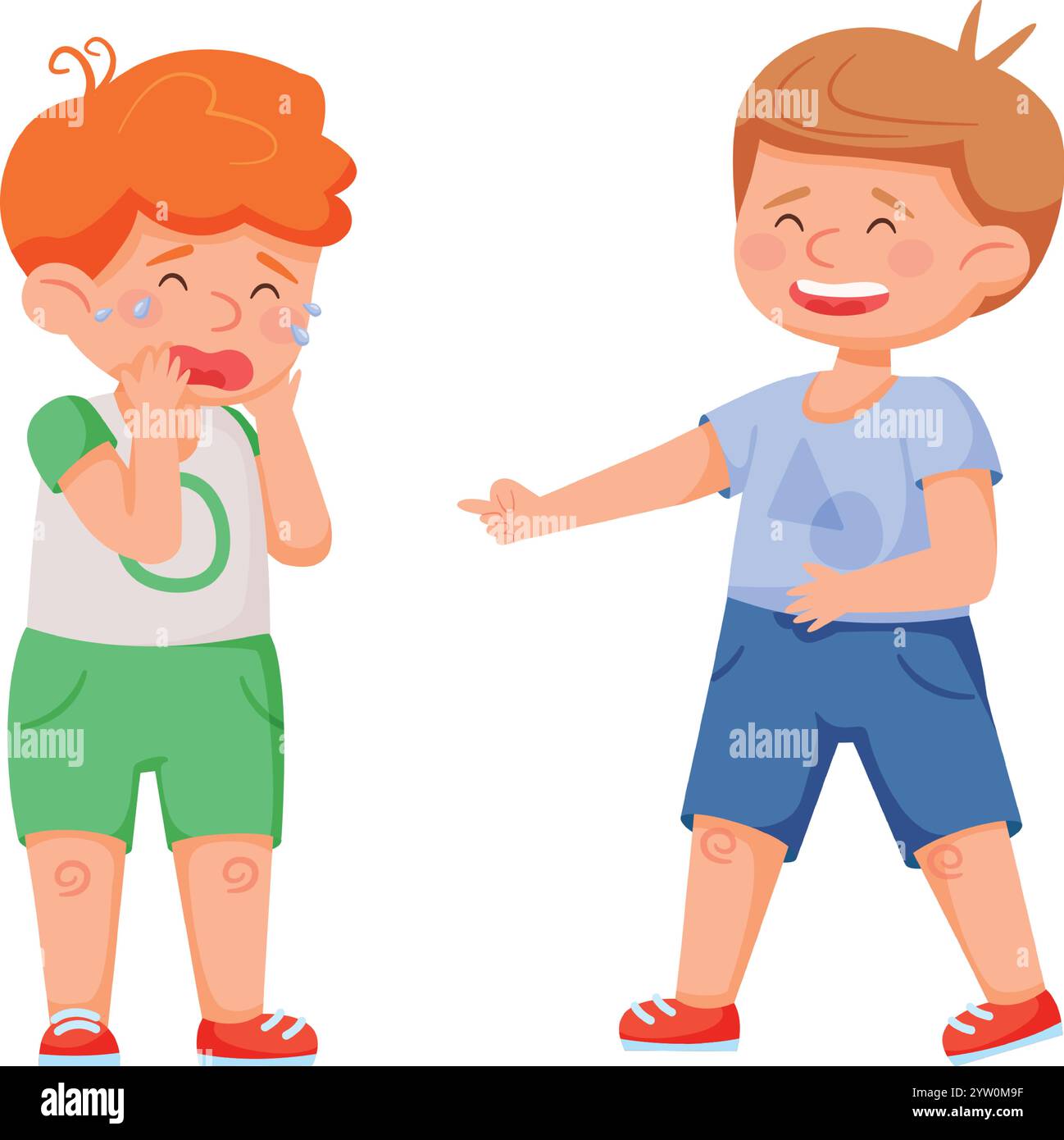 Preschool boy laughing and pointing at another boy covering his face in ...