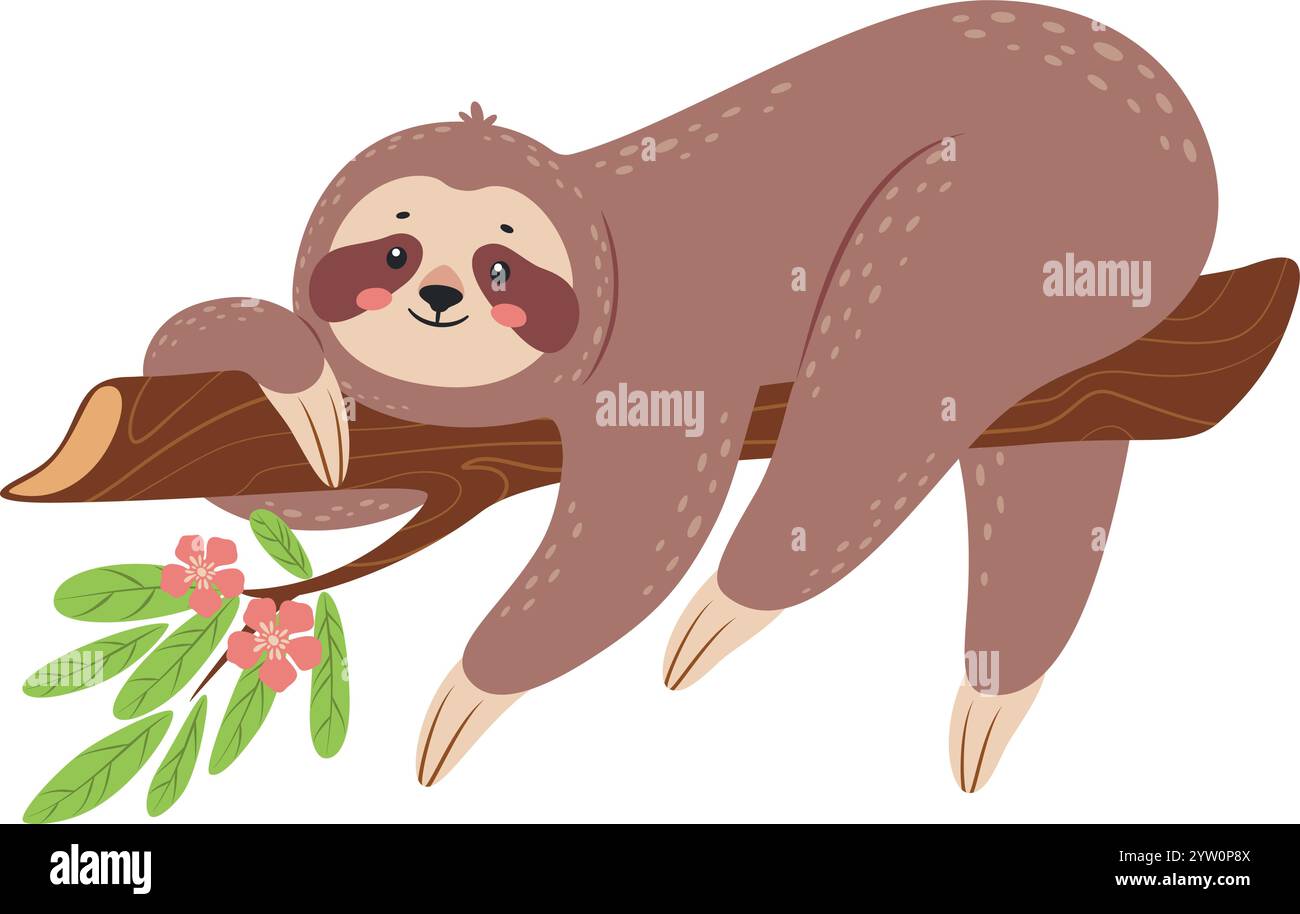 Adorable cartoon sloth hanging upside down on a tree branch adorned with pink flowers and green ...