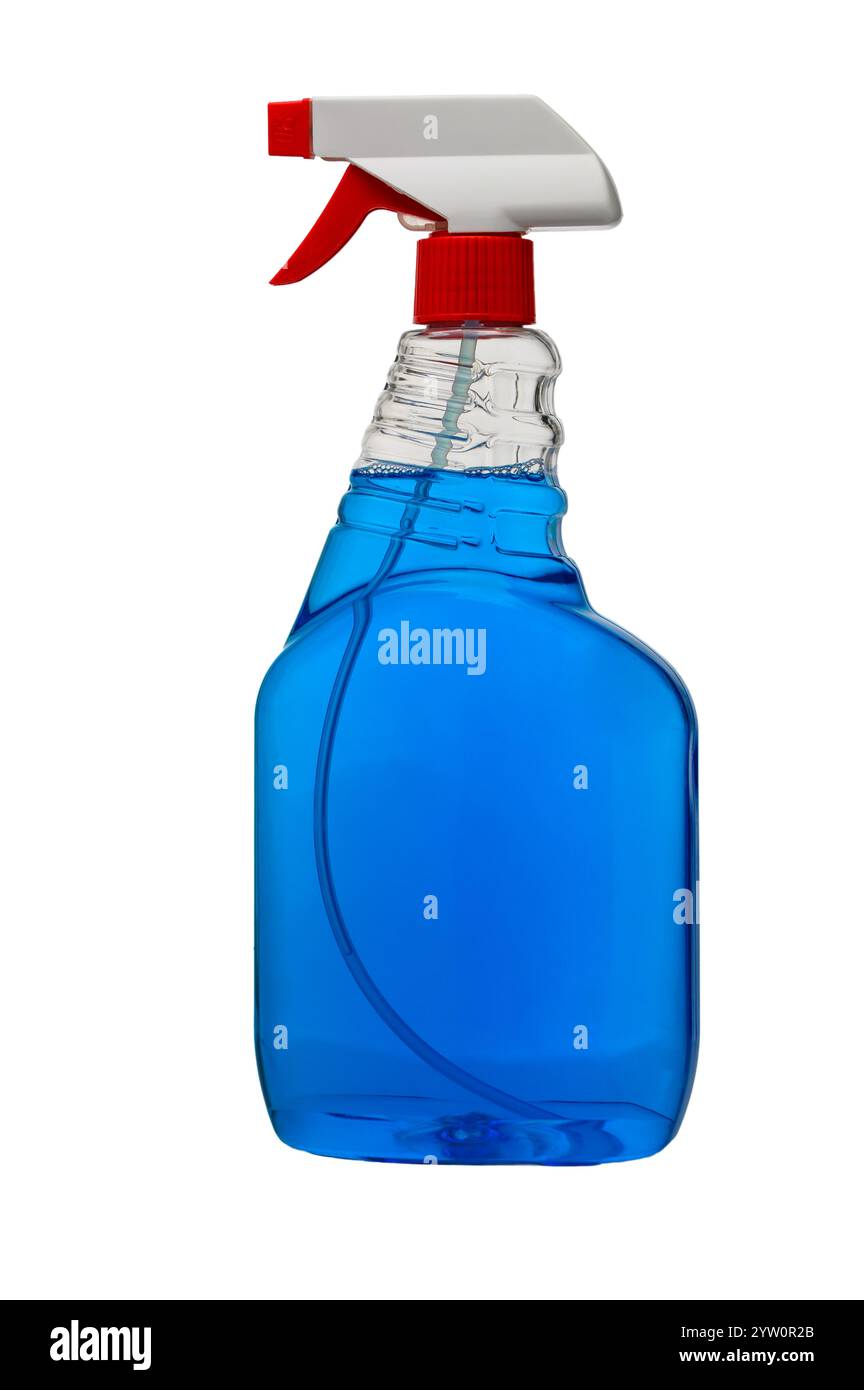 Bright blue cleaning solution fills a spray bottle, symbolizing ...