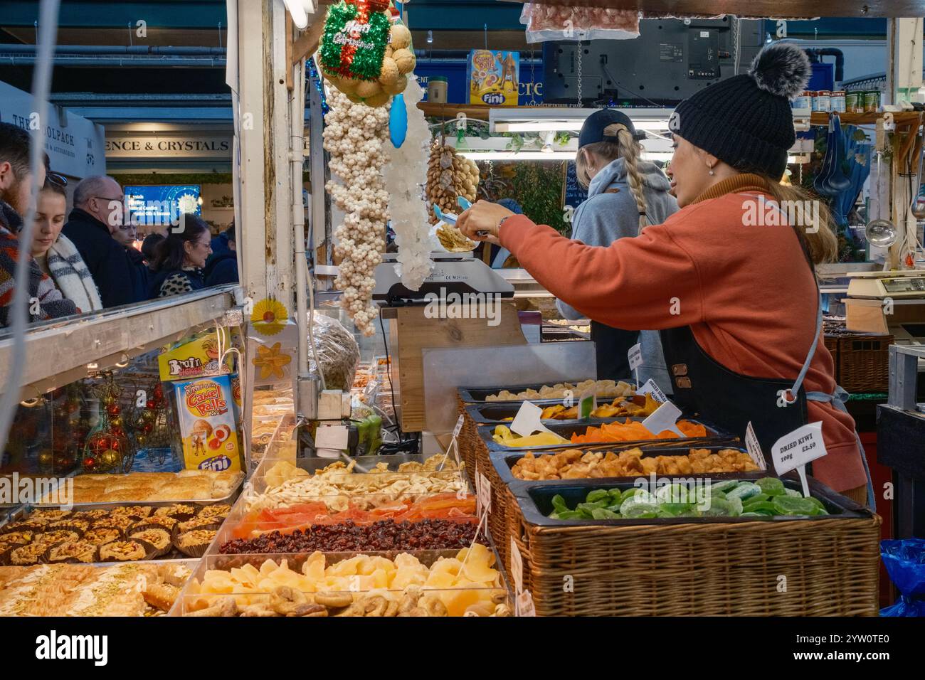 Mediterranean food stall, Cardiff indoor market, South Wales Stock ...