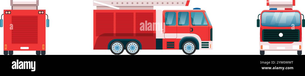 Red firetruck with extendable ladder in three different positions ...