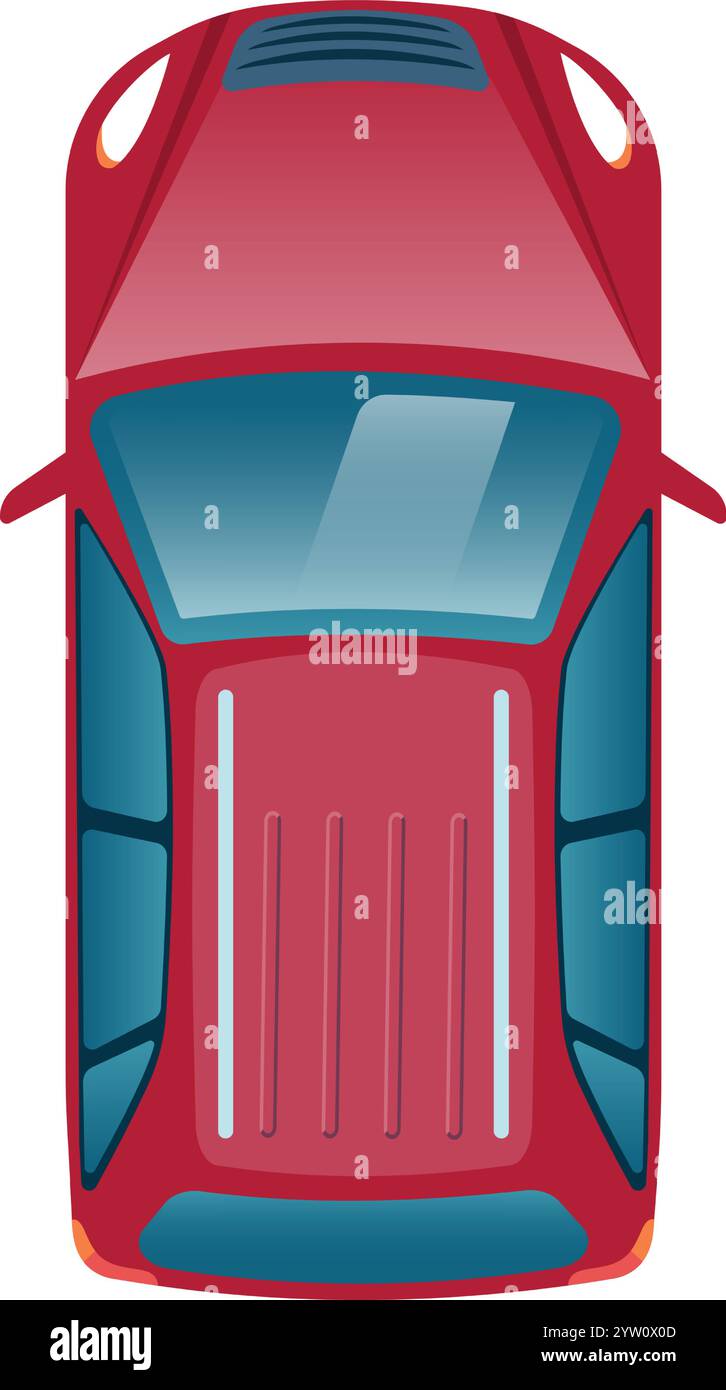 Red car viewed from above, highlighting the roof, hood, windows, and ...