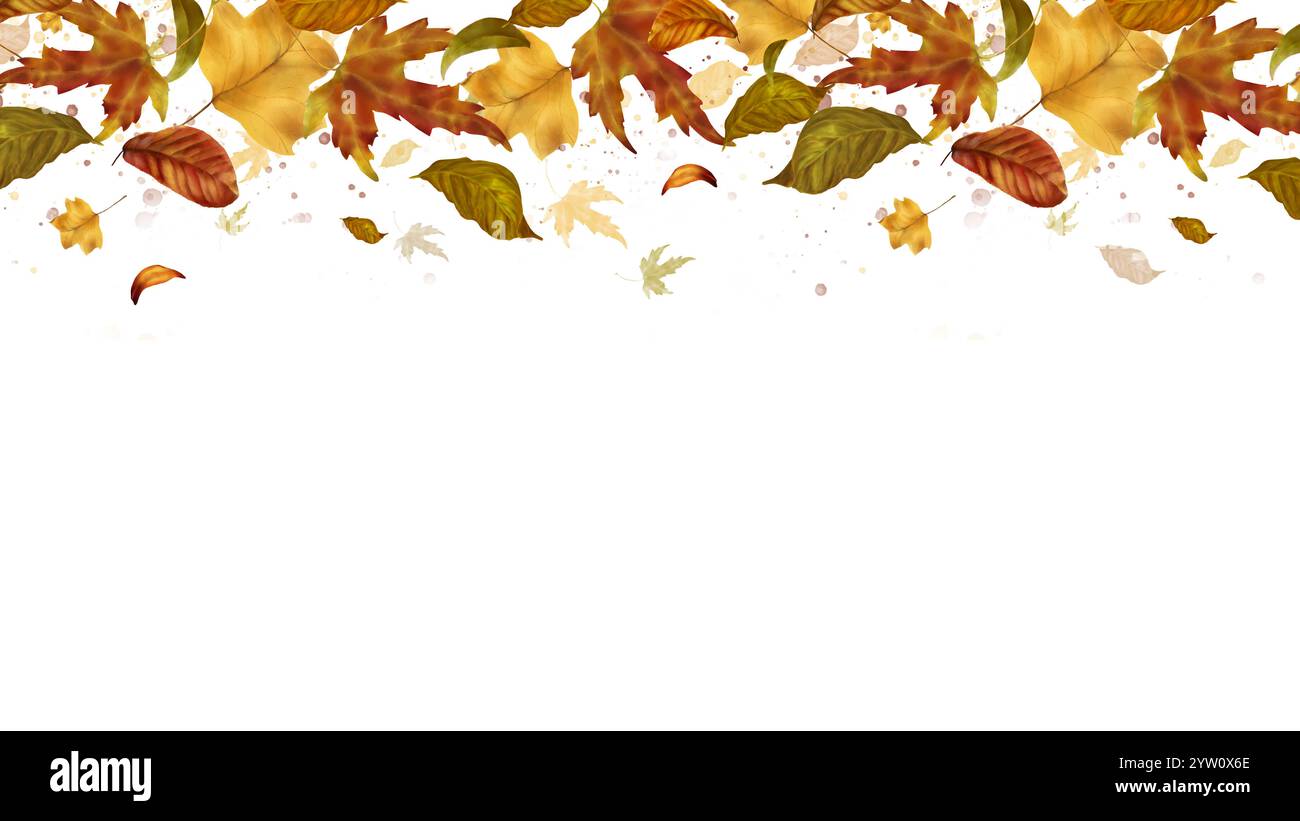 Fluttering autumn leaves. Elegant horizontal card. Flying, cute maple ...