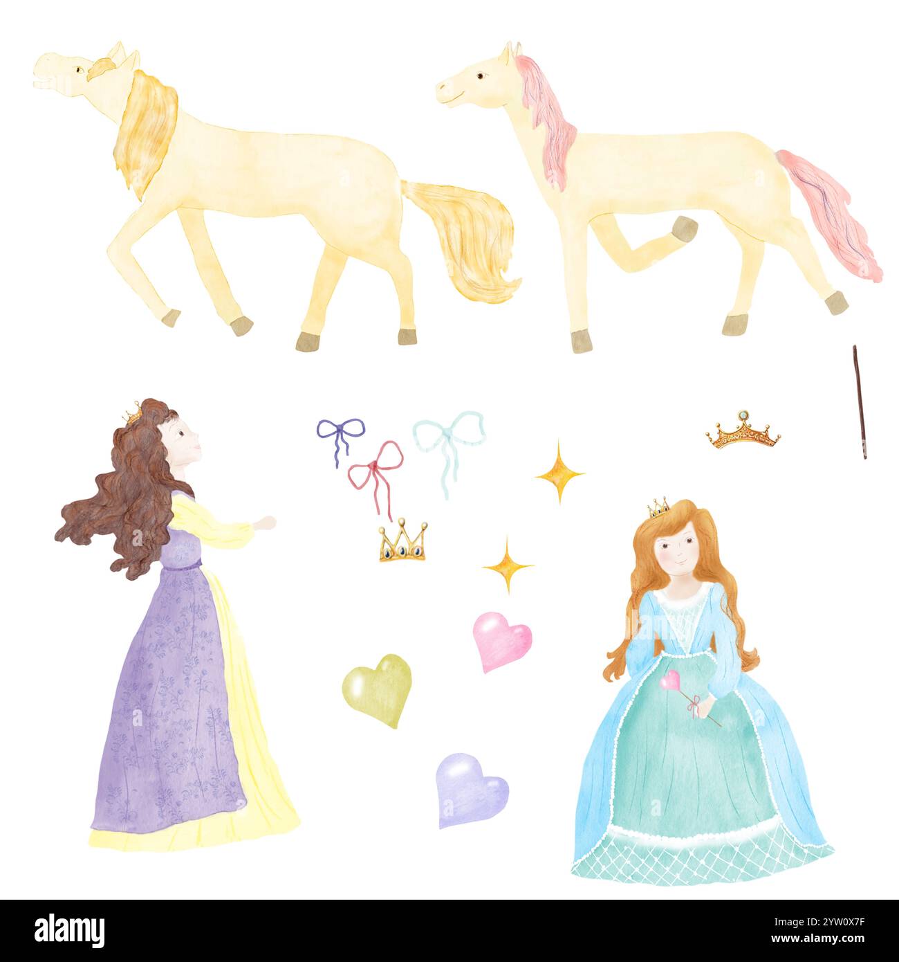 Fairytale princesses and cute horses in a children's set. Magic hearts ...