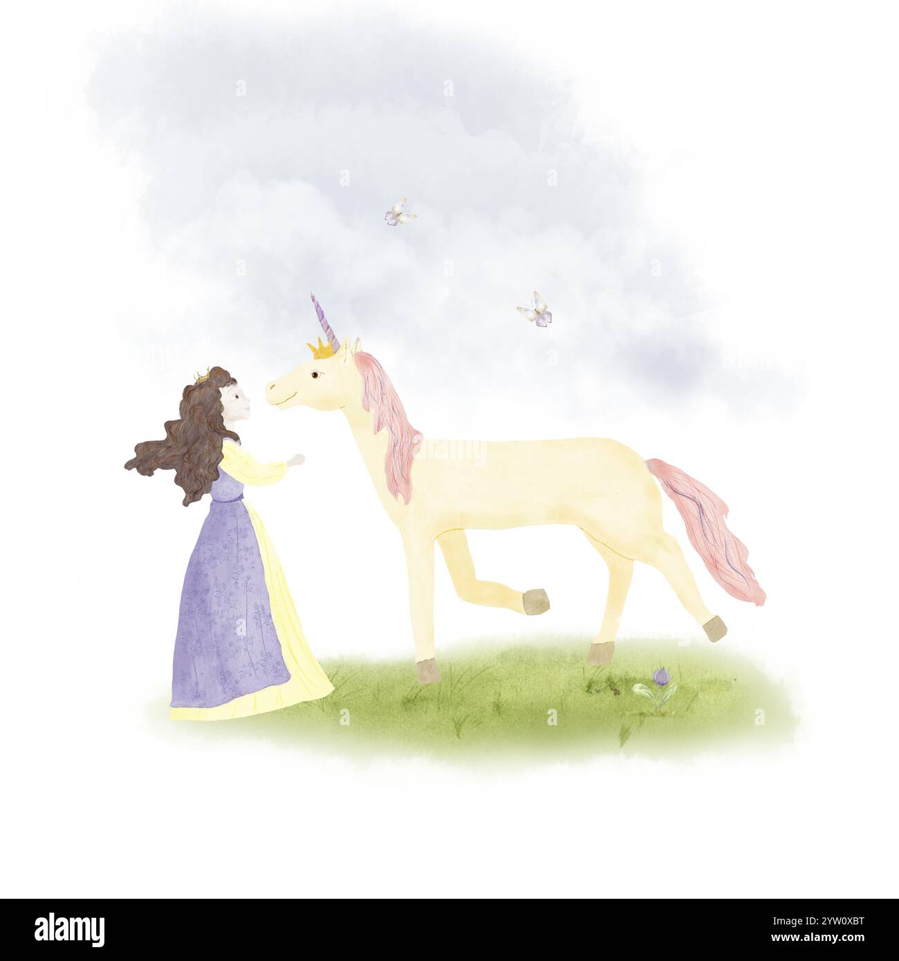 Fairytale unicorn and princess in a beautiful dress. Watercolor ...