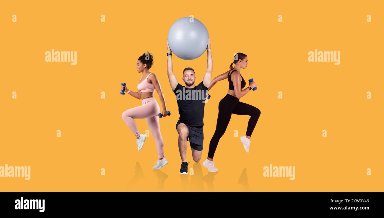 Group workout session with weights and exercise ball in studio setting ...