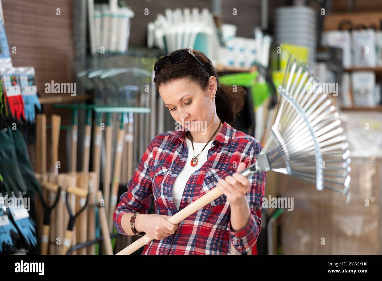 Adult woman choosing rake in hardware store Stock Photo - Alamy