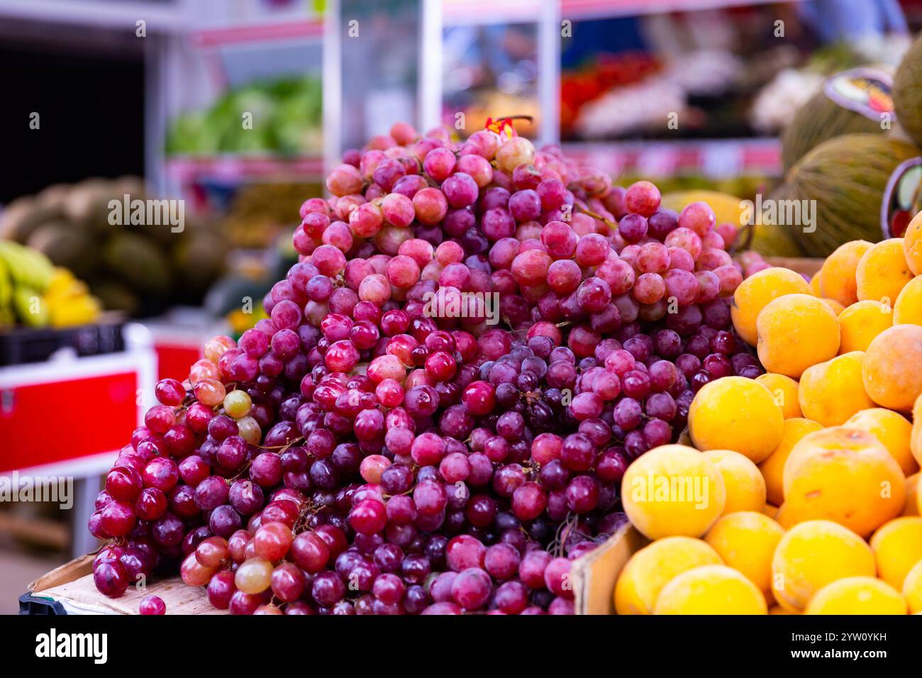 Fresh bunches grapes on counter in food market Stock Photo - Alamy